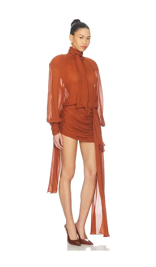 ROWEN ROSE Bow Neck Mini Dress In Burnt Orange