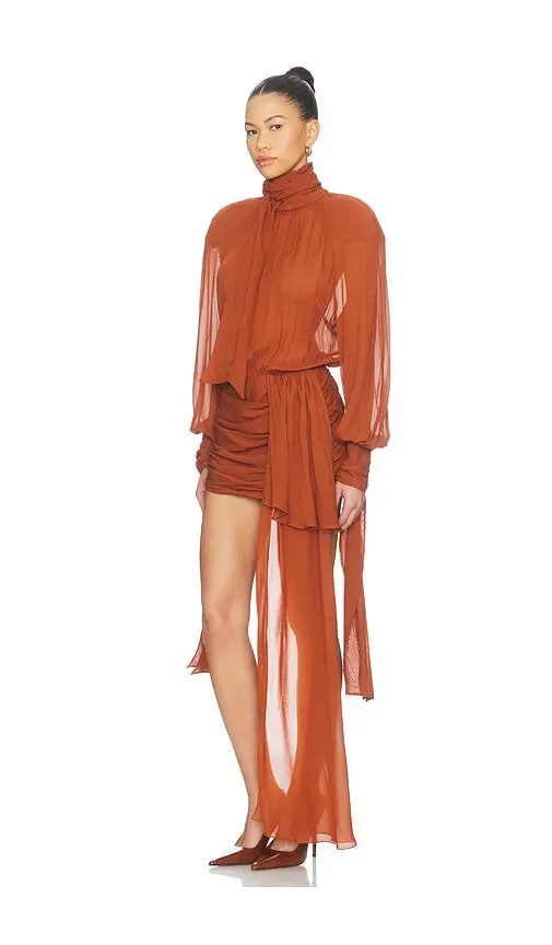 ROWEN ROSE Bow Neck Mini Dress In Burnt Orange