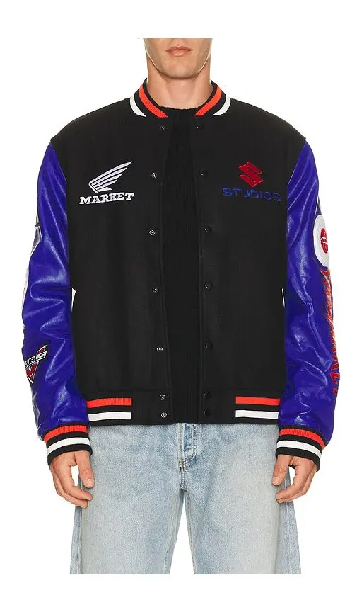MARKET Sponsorship Varsity Jacket In Multi - Black & Blue