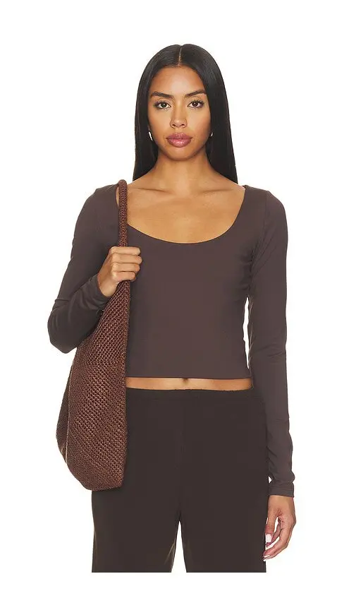 Susana Monaco Essential Scoop Front Long Sleeve Top In Brown