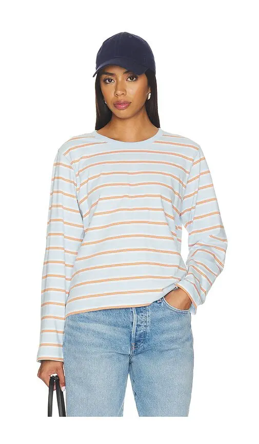 LA LIGNE Stripe Long Sleeve Boyfriend Tee In Baby Blue - Sky Blue Multi