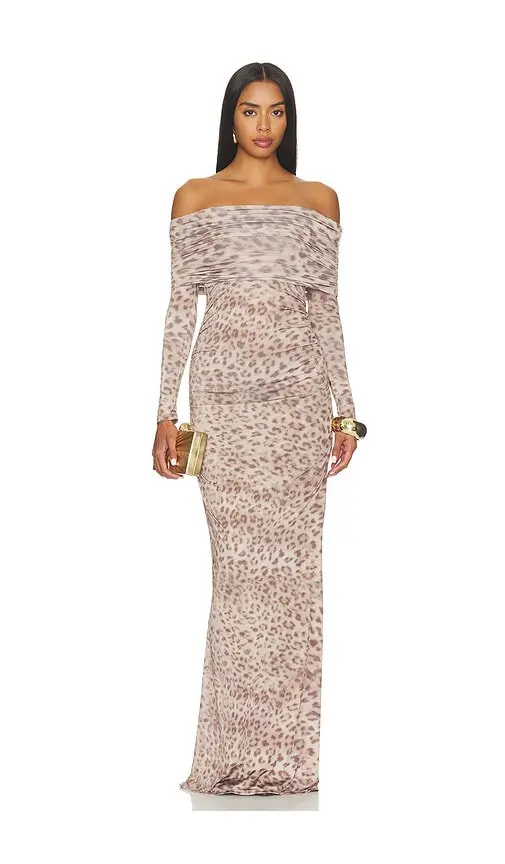 Lapointe Printed Jersey Off The Shoulder Gown In Brown
