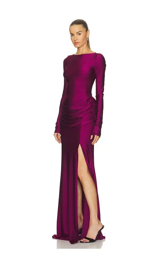 Lapointe Shine Jersey Long Sleeve Draped Waist Gown In Purple