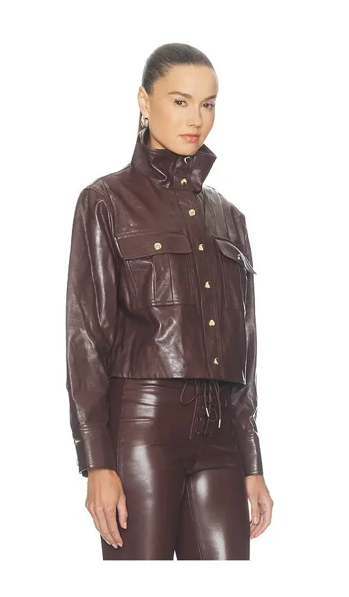 Alice + Olivia James Faux Leather Cropped Longsleeve Funnel Neck Parka In Chocolate - Dark Chocolate
