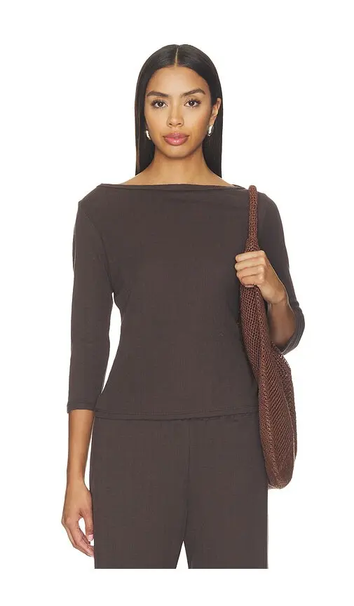VIR VITA Florence Boatneck Pointelle Top In Chocolate - Espresso