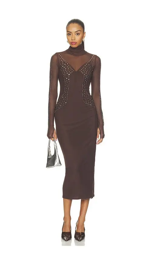 AFRM Shailene Studded Mesh Dress In Chocolate - Espresso