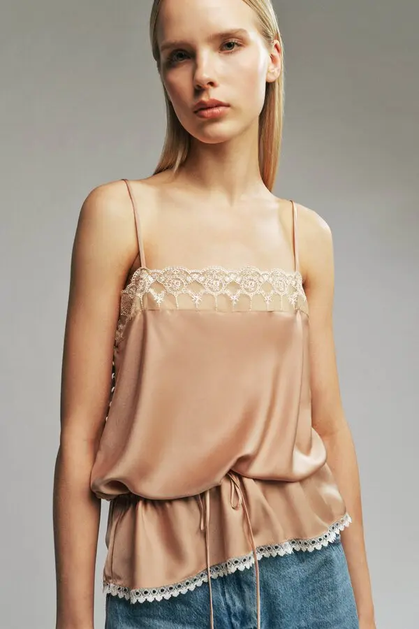 Bardot Bonita Satin Lace Trim Top - Soft Camel