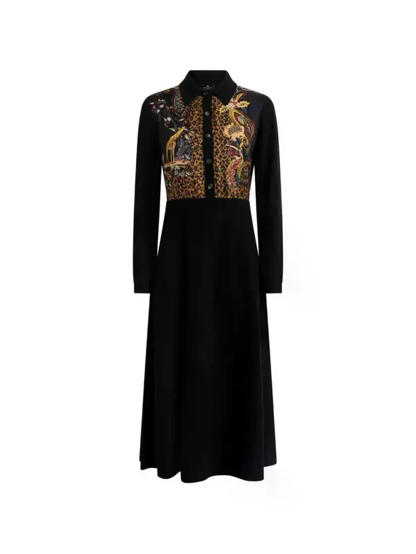 Etro Midi Shirt Dress In Wool And Cashmere With Placed Animal And Paisley Print - Black