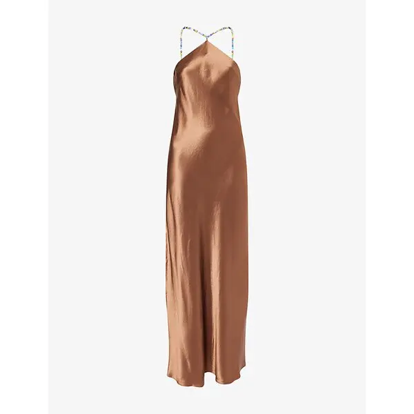 Staud Cadence Pearl-strap Halter Satin Maxi Dress - Cigar