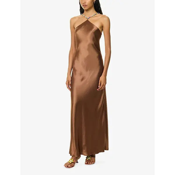 Staud Cadence Pearl-strap Halter Satin Maxi Dress