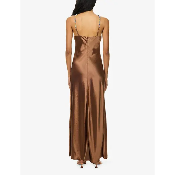 Staud Cadence Pearl-strap Halter Satin Maxi Dress