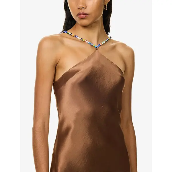 Staud Cadence Pearl-strap Halter Satin Maxi Dress