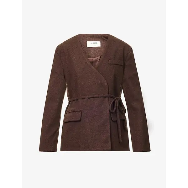 4TH & RECKLESS Luca Herringbone Tie-waist Wrap Woven Jacket - Chocolate