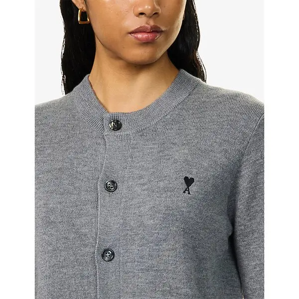 AMI Paris De Coeur Crew Neck Wool Knit Cardigan