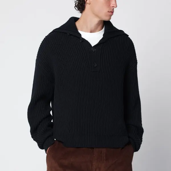 Dries Van Noten Navy Ribbed Sweater In Wool - Blue