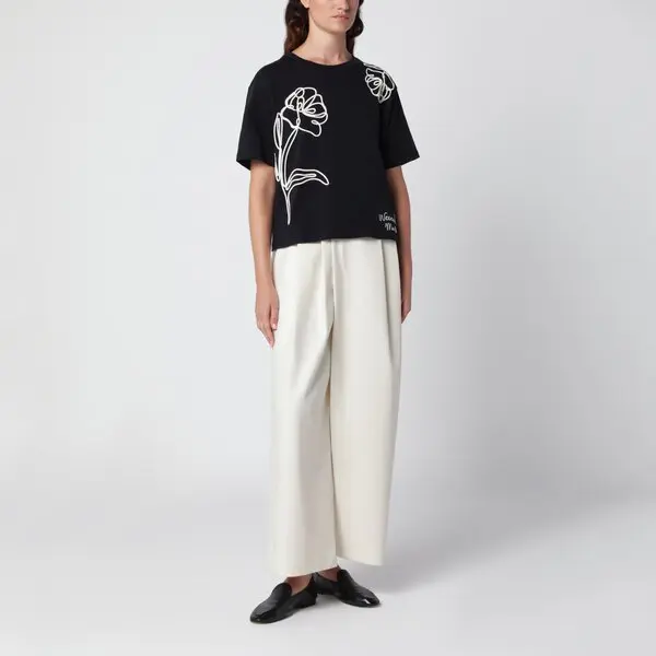 Max Mara T-shirt In Cotton With Floral Embroidery - Black
