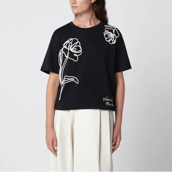 Max Mara T-shirt In Cotton With Floral Embroidery - Black