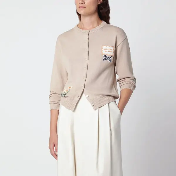 Max Mara Almond Cardigan In Cotton With Inlays - Beige