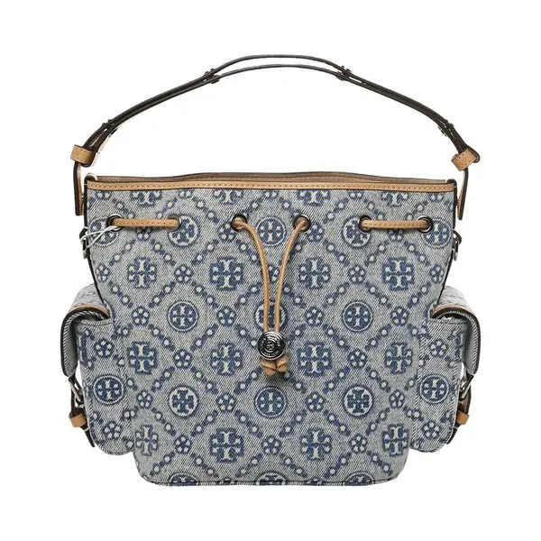 Tory Burch Pockets T Monogram Denim Bucket Bag 'powder - Blue