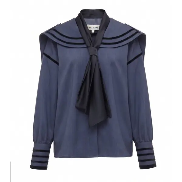 JULIA ALLERT Contrast Piping Sailor Collar Tie Front Blouse – Grey - Blue