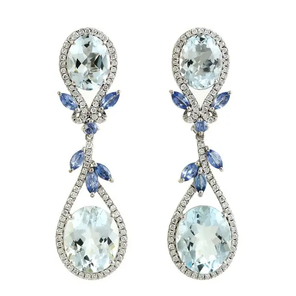 ARTISAN White / Blue 18k White Gold Aquamarine, Sapphire & Diamond Drop Earrings - White/blue