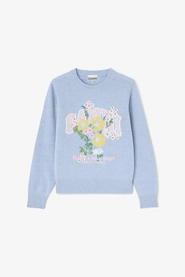 GANNI Graphic Wool Sweater With Flower Motif - Blue Bonnet