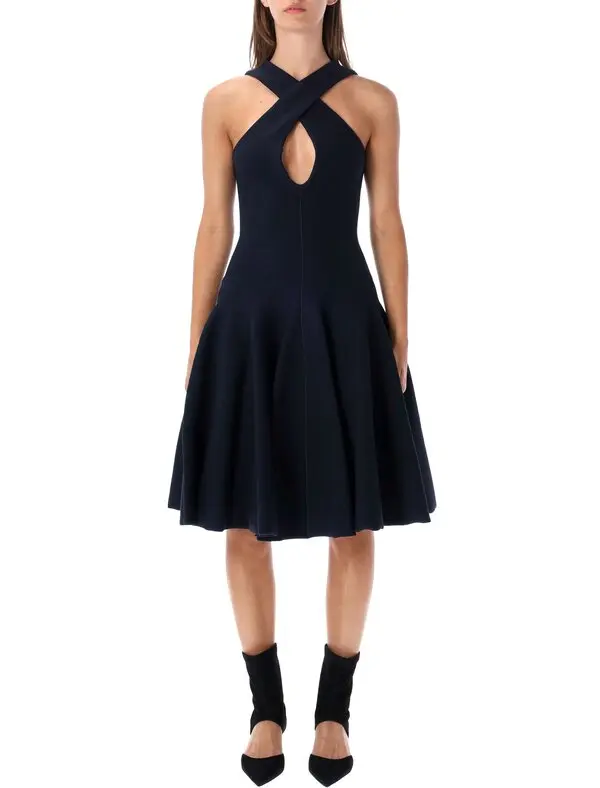 Alaïa Style Compact Knit Keyhole Crossover Mini Dress, Sleeveless Fitted-flared - Minuit