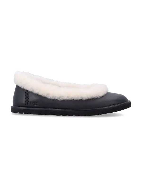 UGG Zora Leather Ballerina Flats With Sheepskin & Sugarcane Eva Outsole - Nero