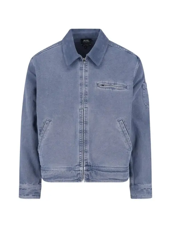 A.p.c. 100% Cotton Denim Jacket With Classic Collar And Embroidered Logo - Blu