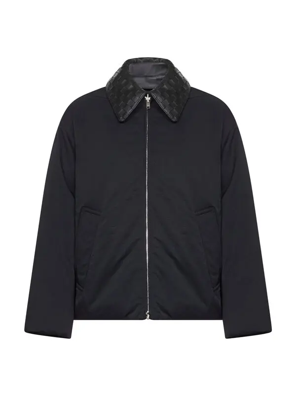 Bottega Veneta Nylon Down Jacket With Leather Woven-pattern Collar