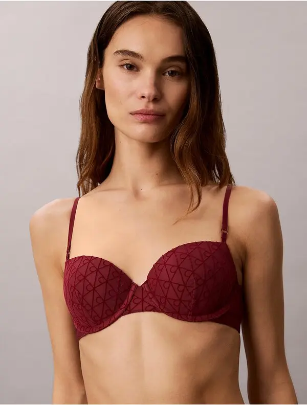 Calvin Klein Emblem Flocked Mesh Lightly Lined Demi Bra - Established Red