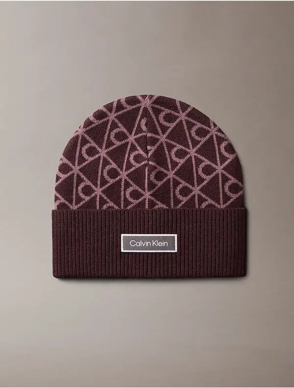 Calvin Klein Allover Emblem Logo Wool Beanie - Fudge