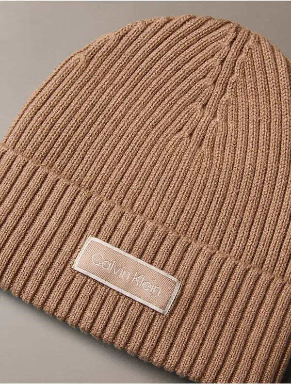 Calvin Klein Logo Patch Rib Beanie - Affogat