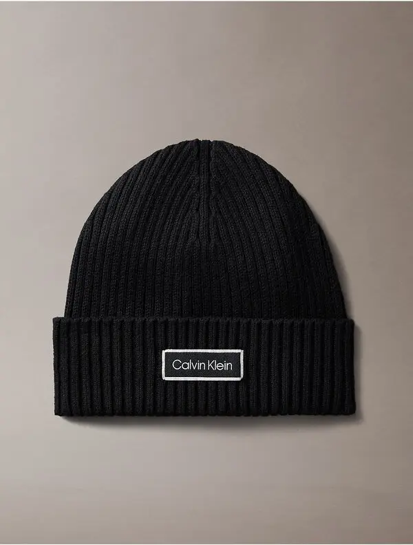 Calvin Klein Logo Patch Rib Beanie - Black