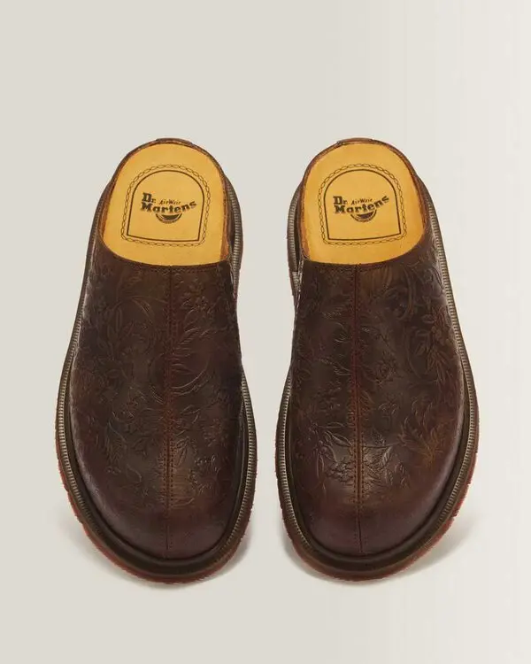 Dr. Martens San Floral Emboss Crazy Horse Leather Mules