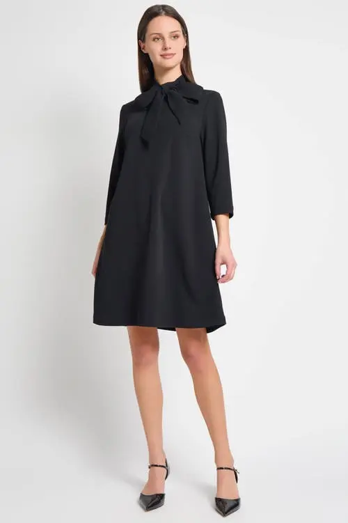 Ming Wang X Tanya Foster Stretch Deco Crepe Tie-neck Tent Dress - Black
