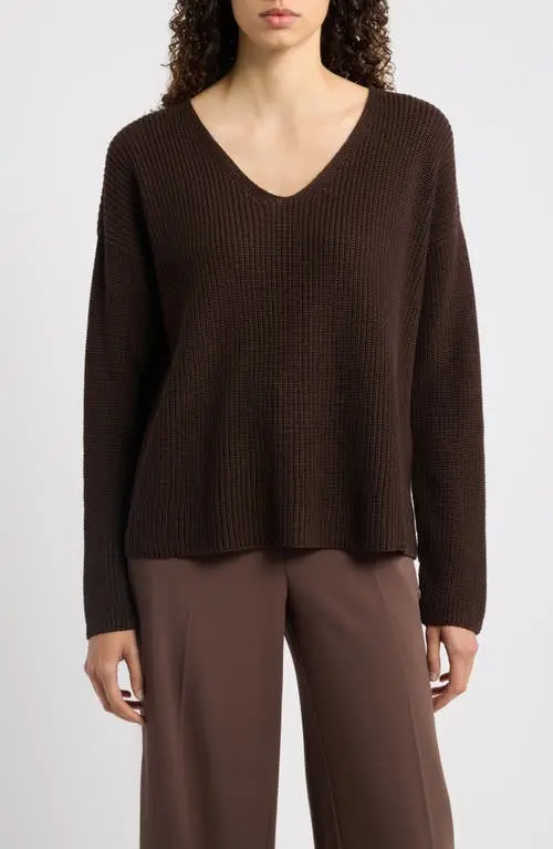 Eileen Fisher V-neck Organic Cotton & Tencel Lyocell Sweater - Coffee