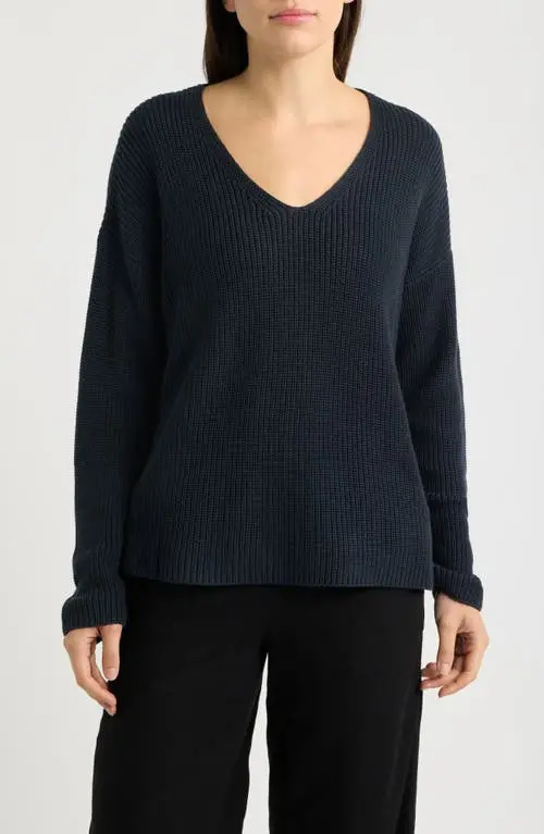 Eileen Fisher V-neck Organic Cotton & Tencel Lyocell Sweater - Maritime
