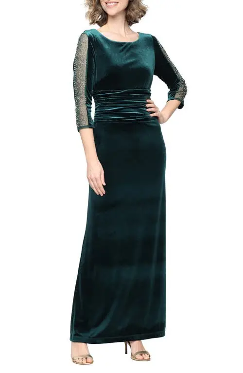 SL FASHIONS Embellished Sleeve Stretch Velvet Maxi Cocktail Dress - Forest
