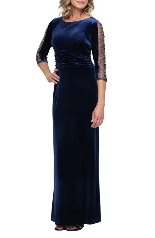 SL FASHIONS Embellished Sleeve Stretch Velvet Maxi Cocktail Dress - Imperial
