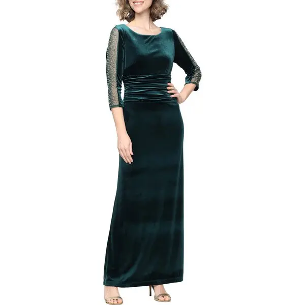 SL FASHIONS Beaded Sleeve Stretch Velvet Gown