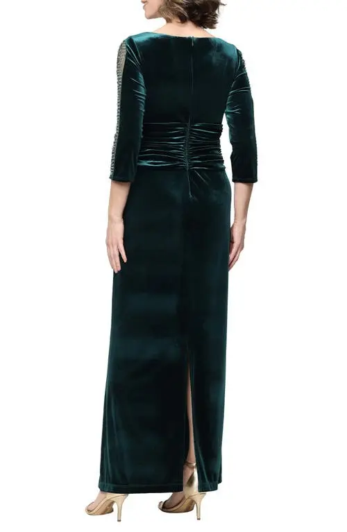 SL FASHIONS Beaded Sleeve Stretch Velvet Gown