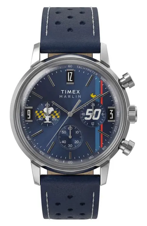 Timex® Peanuts Marlin Racing Chronograph Leather Strap Watch - Blue
