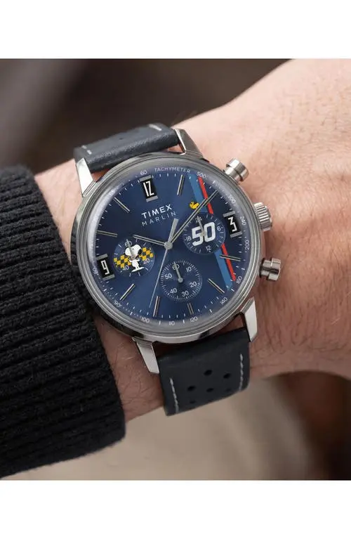 Timex® Peanuts Marlin Racing Chronograph Leather Strap Watch - Blue