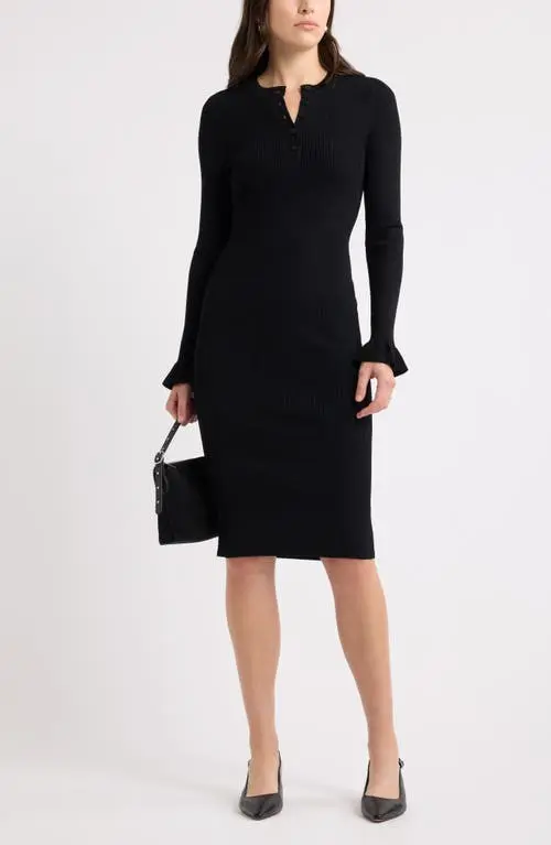 Caslon Striped Henley Sweater Dress - Black