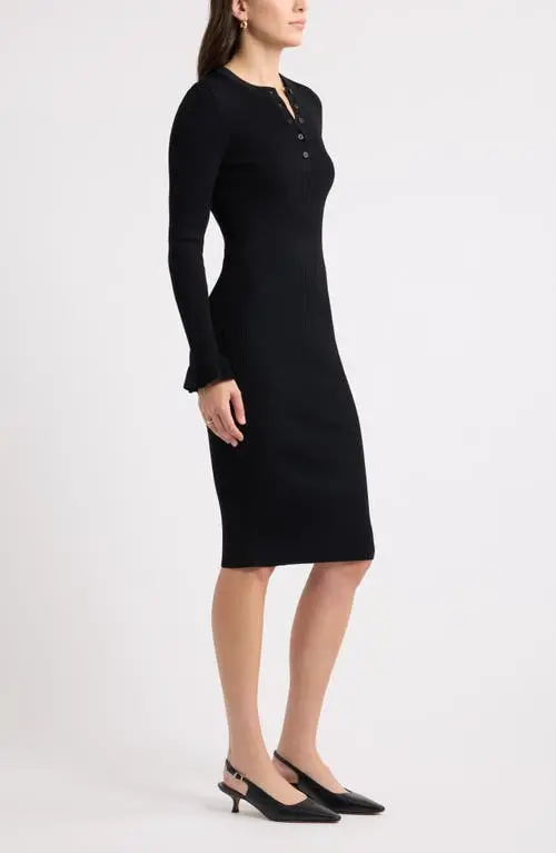 Caslon Striped Henley Sweater Dress - Black