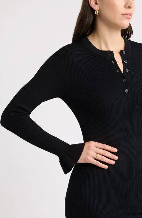 Caslon Striped Henley Sweater Dress - Black