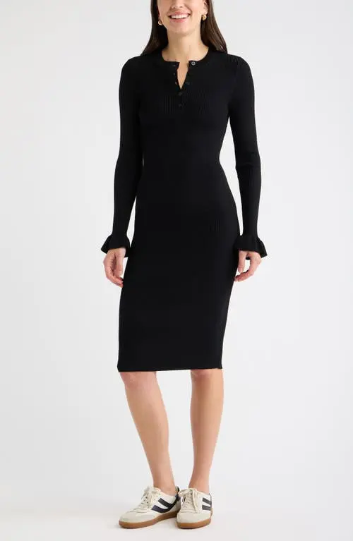Caslon Striped Henley Sweater Dress - Black