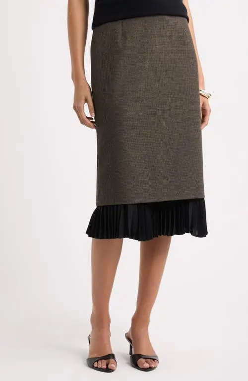 Nordstrom Patterned Pleat Trim Midi Skirt - Black- Brown Micro Check
