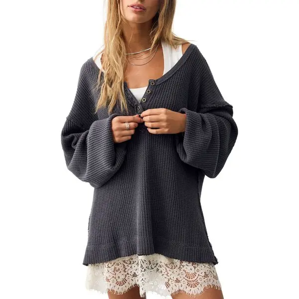 Free People Montreal Henley Thermal Top - Black